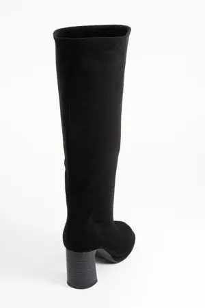 PROLOGUE SHOES Josette Knee High Block Heel Boots - Black Suede Faux Leather