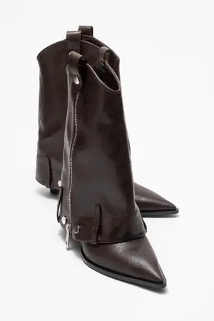 PROLOGUE SHOES Pointed Toe Heeled Boots - Brown Faux Leather