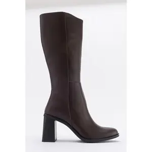 PROLOGUE SHOES Maranta Heeled Knee High Boots - Brown Faux Leather