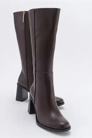 PROLOGUE SHOES Maranta Heeled Knee High Boots - Brown Faux Leather