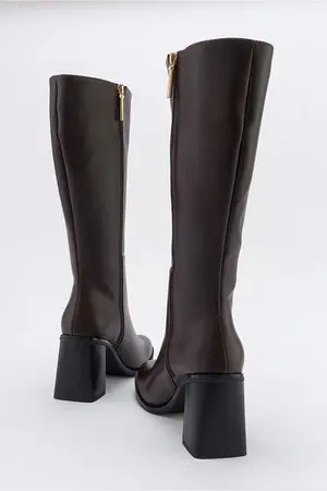 PROLOGUE SHOES Maranta Heeled Knee High Boots - Brown Faux Leather