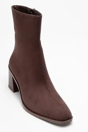 PROLOGUE SHOES Chara Block Heel Ankle Boots - Brown Suede Faux Leather