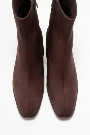 PROLOGUE SHOES Chara Block Heel Ankle Boots - Brown Suede Faux Leather