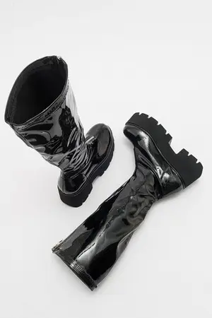 PROLOGUE SHOES Amaronte Chunky Zip-up Boots - Black Patent Faux Leather