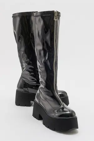 PROLOGUE SHOES Amaronte Chunky Zip-up Boots - Black Patent Faux Leather
