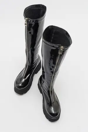 PROLOGUE SHOES Amaronte Chunky Zip-up Boots - Black Patent Faux Leather