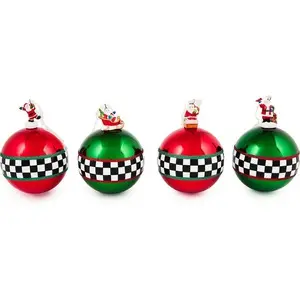 MACKENZIE-CHILDS Set Of 4 Check It Out Santa Glass Ball Ornaments - Red