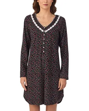 Eileen West Long Sleeve Cotton Jersey Nightshirt - Black Print
