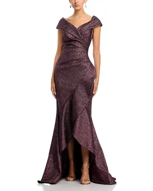 Rickie Freeman For Teri Jon Metallic Jacquard Ruffle Gown