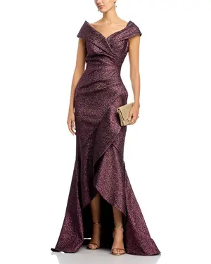 Rickie Freeman For Teri Jon Metallic Jacquard Ruffle Gown