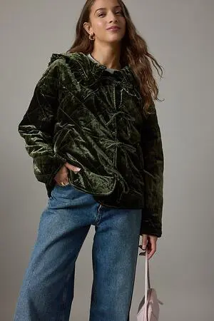 Maeve The Hazel Velvet Quilted Jacket - Dark Olive