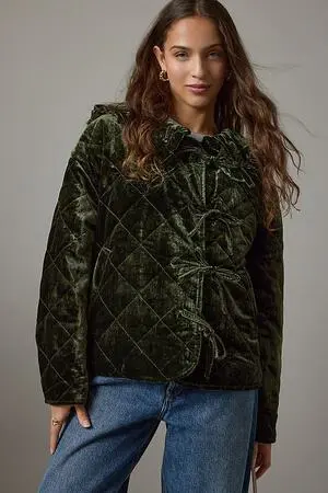Maeve The Hazel Velvet Quilted Jacket - Dark Olive