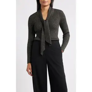 Anne Klein Tie Neck Ribbed Sweater