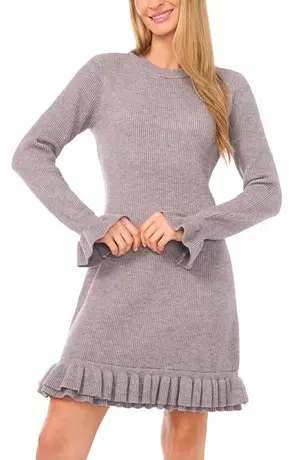CECE DUPRAZ Ruffle Trim Long Sleeve Sweater Mini Dress - Medium Heather Grey