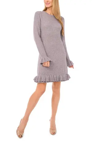 CECE DUPRAZ Ruffle Trim Long Sleeve Sweater Mini Dress - Medium Heather Grey