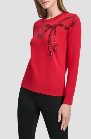 Dkny Sequin Bow Embellished Crewneck Sweater - City Crimson