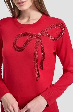 Dkny Sequin Bow Embellished Crewneck Sweater - City Crimson