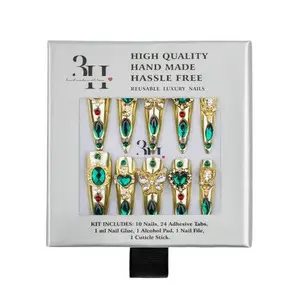 3H NAILS Emerald Empress Luxury Handmade Press On Nails - Gold