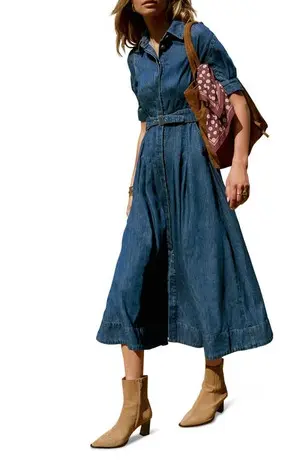 Mint Velvet Denim Midi Shirt Dress With Belt - Navy