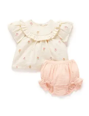 PUREBABY Embroidered Ruffle Top And Bloomer Set