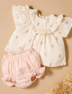 PUREBABY Embroidered Ruffle Top And Bloomer Set