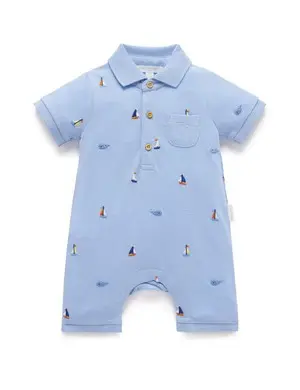 PUREBABY Embroidered Polo Romper - Yacht Broderie