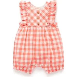 PUREBABY Gingham Cotton/linen Blend Romper - Coral Gingham