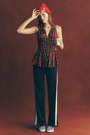Maeve Waisted Zip-front Sleeveless Top - Red Plaid