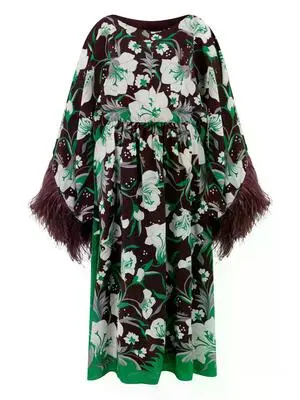 Valentino Garavani Feather-trim Floral Dress - Brown