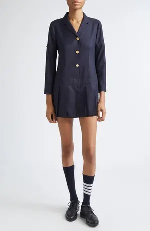 Thom Browne Long Sleeve Pleated Wool Blazer Dress