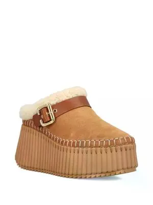 Chloé Nama Wedge Shearling Mules - Brown