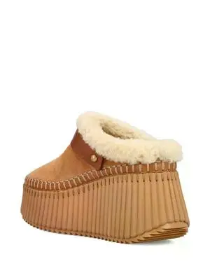 Chloé Nama Wedge Shearling Mules - Brown