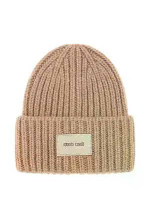 Roberto Cavalli Logo-patch Ribbed Beanie Hat - Neutrals