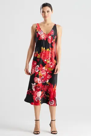 Natori Empress Printed Satin Slip Dress - Black