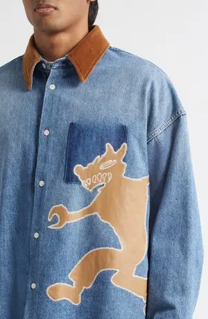 Marni Wolf Appliquè Denim Button-up Shirt