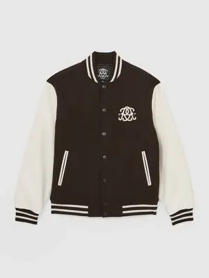 REISS Miller Monogram Relaxed Varsity Jacket - Brown/white