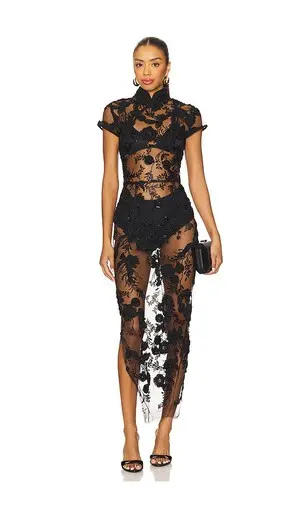 SAU LEE Embroidered Sheer Maxi Dress - Black