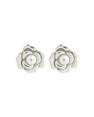 Sterling Forever Rosa Imitation Pearl Rose Stud Earrings - Silver
