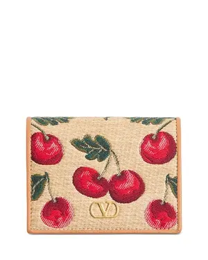Valentino Garavani Vlogo Signature Cherryfic Jacquard Raffia Wallet - Natural/red