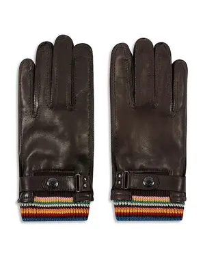 Paul Smith Striped Cuff Leather Gloves - Chocolate