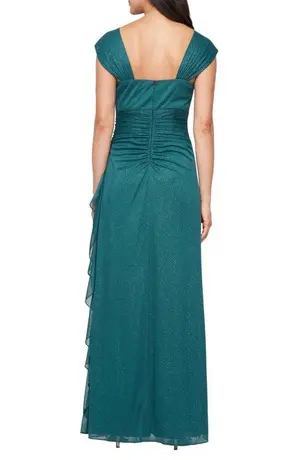 Alex Evenings Ruched Ruffle Glitter Gown