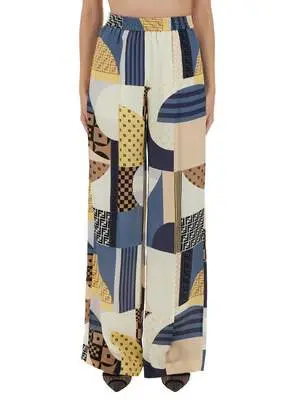 Fendi Patchwork Print Silk Pants - Blue