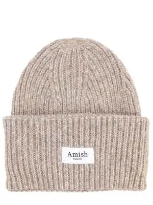 AMISH Ribbed Beanie With Logo Beige