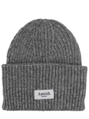 AMISH Ribbed Beanie With Logo - Grey