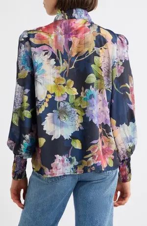 APNY Floral Print Smocked Cuff Long Sleeve Top - Navy Multi