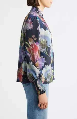APNY Floral Print Smocked Cuff Long Sleeve Top - Navy Multi