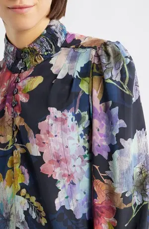 APNY Floral Print Smocked Cuff Long Sleeve Top - Navy Multi
