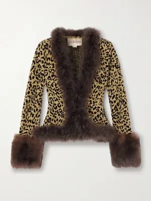 Valentino Garavani Feather And Shearling-trimmed Leopard-jacquard Lurex Cardigan - Animal Print
