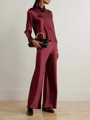 LESET Barb Draped Satin Wide-leg Pants - Burgundy
