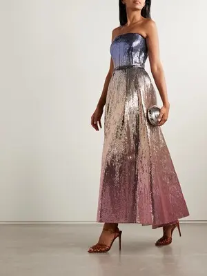 Elie Saab Strapless Pleated Sequined Tulle Gown